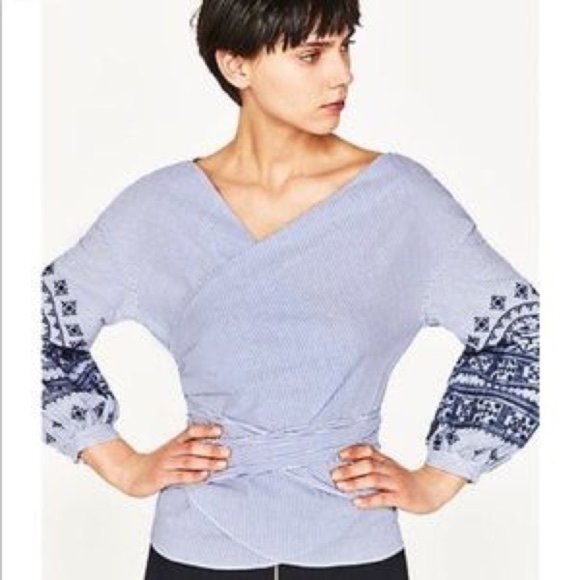 Zara | Tops | Zara Embroidered Bishop Sleeve Wrap Top Small | Poshmark